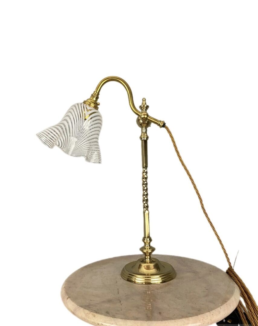 Brass twist stem lamp with white shade | Ashby Interiors