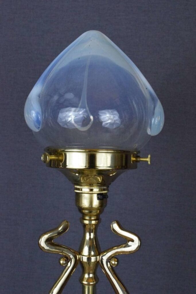 Art Nouveau Style Bras Table Lamp With Hand Blown Glass Shade