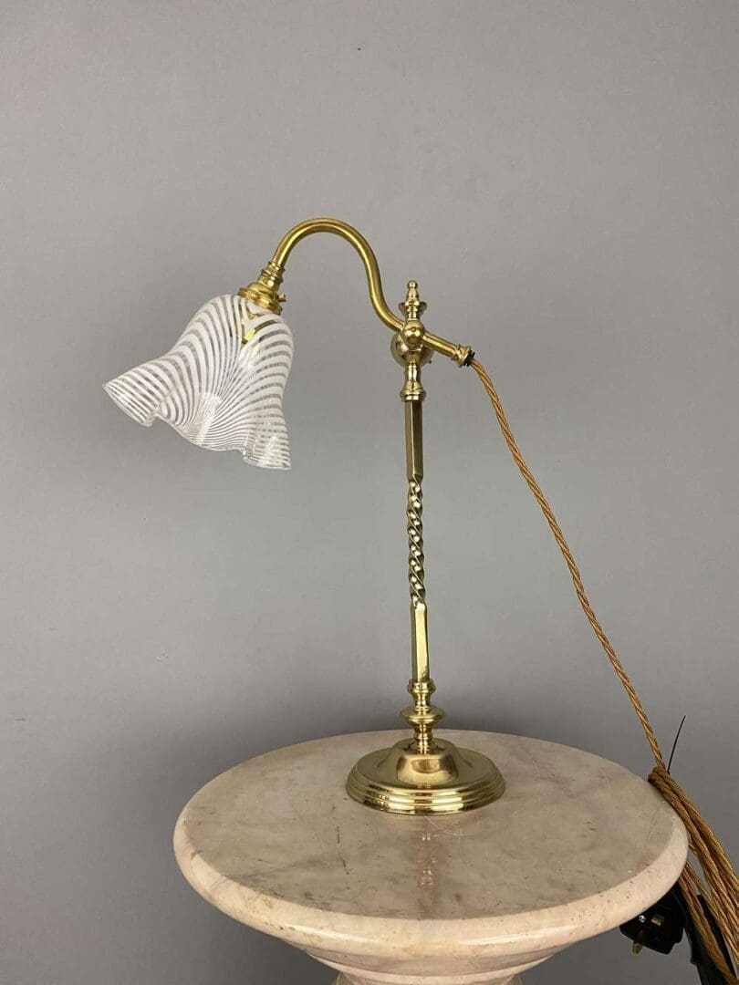 Brass twist stem lamp with white shade | Ashby Interiors