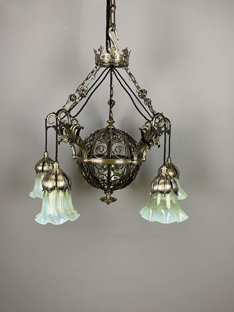 Arts And Crafts Silver Plated Wire Scroll Work Chandelier